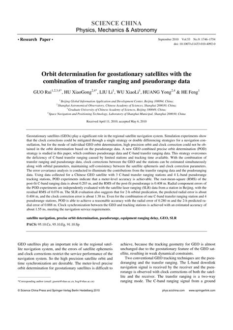 Pdf Orbit Determination For Geostationary Satellites With The Combination Of Transfer Ranging