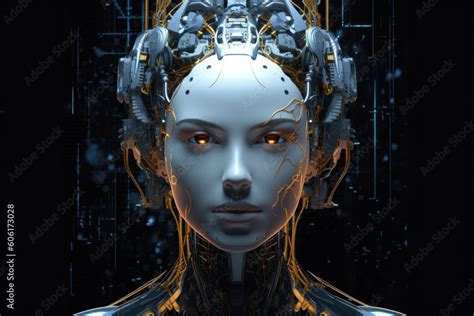 Female Android Face On Dark Background Artificial Intelligence Concept Futuristic Robot Head