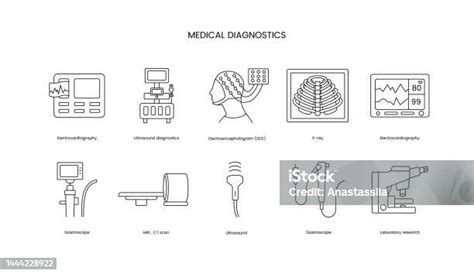 의료 클리닉 벡터 일러스트레이션 위 내시경 및 초음파 Mri 및 Ct 스캔 위 내시경 및 심전도 X 선 및 뇌파도 초음파 진단에 대 한 선 아이콘 세트 0명에 대한 스톡