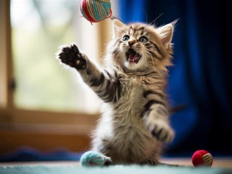 Premium Ai Image Mischievous Kitten Playfully Swatting At A Dangling Toy