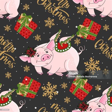겨울 배경 크리스마스 돼지와 함께 완벽 한 패턴입니다 대 한 직물 엽서 종이에 인쇄 벡터 일러스트입니다 12월에 대한 스톡 벡터 아트 및 기타 이미지 Istock