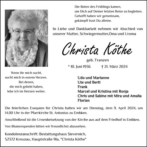 Traueranzeigen Von Christa Köthe Aachen Gedenkt