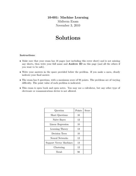Midterm 2010 Exam 10 601 Machine Learning Midterm Exam November 3