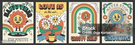 그루비 데이지 꽃 포스터 문구가있는 사이키델릭 카모마일 복고풍 스타일의 얼굴 70 년대 히피 카드 컬렉션 무지개 및 식물 요소 빈티지 프린트 깔끔한 벡터 세트 히피에 대한