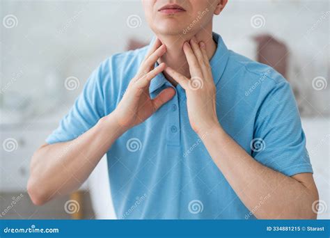 Thyroid Gland Inflammation Sore Throat And Cough Man With Neck Pain