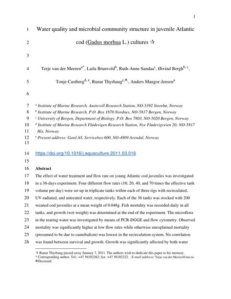 Pdf Water Quality And Microbial Community Structure In Juvenile Atlantic Cod Gadus Morhua L