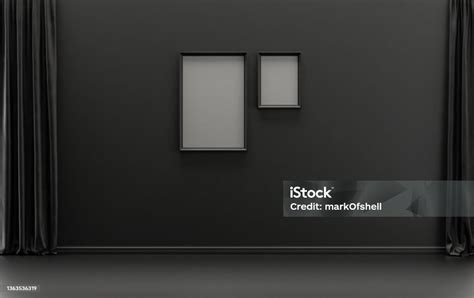 더블 프레임 갤러리 월 블랙과 어두운 회색 색상 흑백 플랫 룸 가구없이 빈 3d 렌더링 0명에 대한 스톡 사진 및 기타 이미지