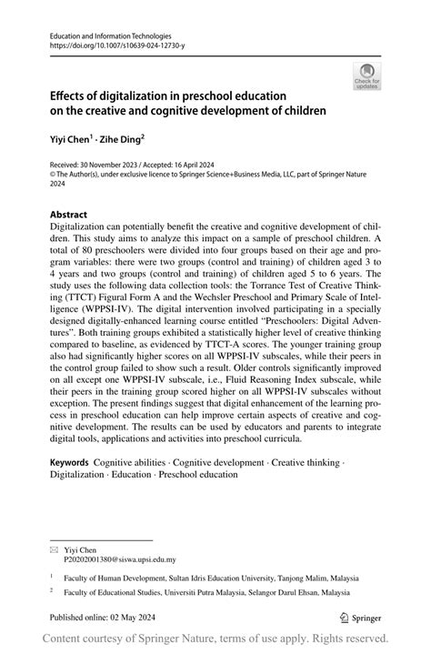 Effects Of Digitalization In Preschool Education On The Creative And Cognitive Development Of