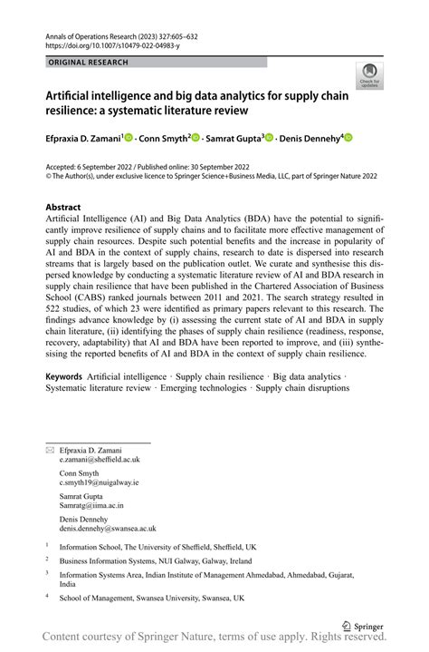 Artificial Intelligence And Big Data Analytics For Supply Chain Resilience A Systematic