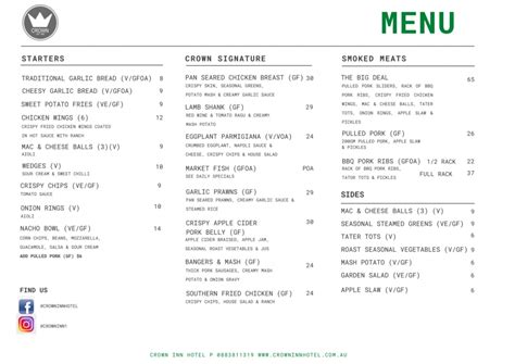 Carte et Menus 2024 The Crown Inn à Old Reynella TheFork