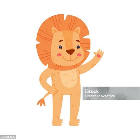 재미있는 사자 캐릭터 와 갈기 흔들리는 앞발 와 미소 짓는 벡터 일러스트 일러스트레이션에 대한 스톡 벡터 아트 및 기타 이미지