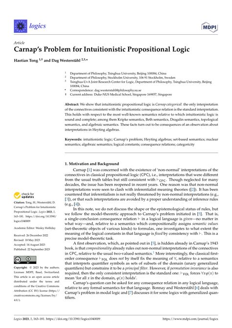 Pdf Carnaps Problem For Intuitionistic Propositional Logic