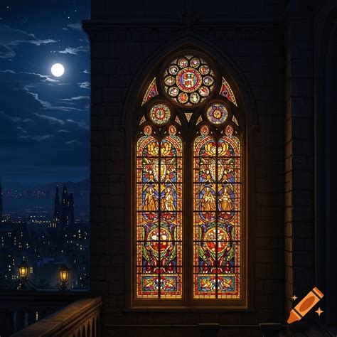 A Large Stained Glass Window Overlooks A City At Night Under A Full
