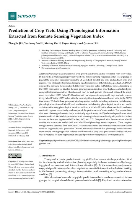 pdf prediction of crop yield using phenological information extracted from remote sensing