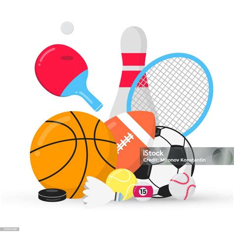 축구공과 스포츠 게임 구성축구 축구 농구 볼링 Skittle 테니스 및 탁구 라켓 퍽 등 스포츠 장비 평면 스타일 디자인 벡터 일러스트 레이 션 흰색 절연