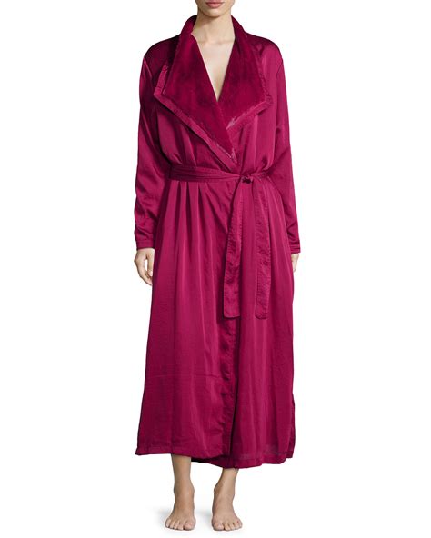 Donna Karan Laundered Satin And Faux Fur Robe In Red Lyst