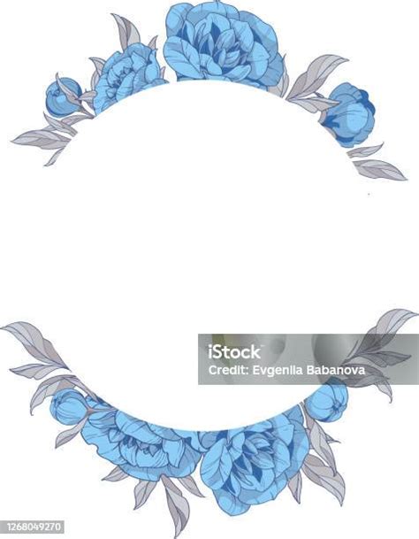 파란색 모란 꽃 손으로 그린 벡터 일러스트와 둥근 프레임 꽃 디자인 가벼운에 대한 스톡 벡터 아트 및 기타 이미지 가벼운 결혼식 꽃 나무 Istock
