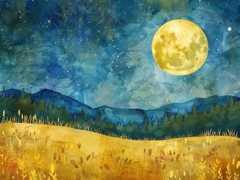 Watercolor Harvest Moon Over Tranquil Landscape Ai Generative Premium