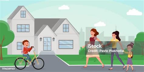 가족 반환 집 평면 벡터 그림입니다 귀여운 남학생 자전거 거리 만화 캐릭터에서 이웃을 만난다 별장 타운 하우스에 접근하는 쾌활한 어머니와 딸 가족에 대한 스톡 벡터 아트 및