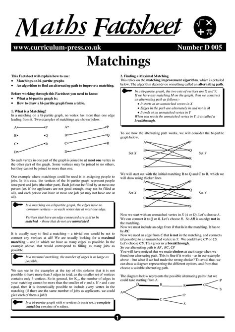 Matchings A Level Maths Factsheet Curriculum Press