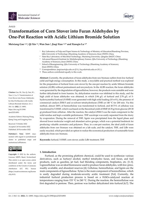 Pdf Transformation Of Corn Stover Into Furan Aldehydes By One Pot Reaction With Acidic Lithium