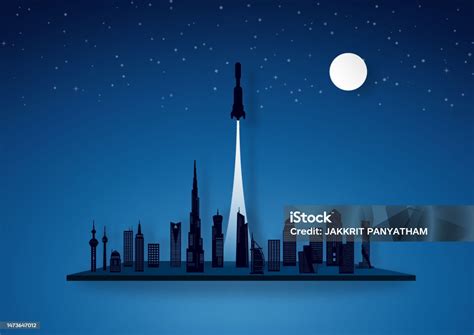 우주선이나 로켓은 밤하늘 배경과 별에 대한 도시 풍경의 건물 위로 하늘로 발사됩니다 그림자가 있는 검은색 어둡고 파란색 톤의 벡터 종이 아트 개념에 대한 스톡 벡터 아트 및