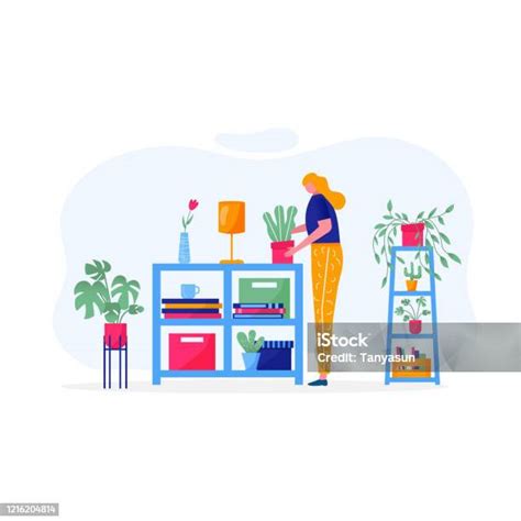 홈 가든 개념입니다 잎과 식물을 들고 어린 소녀 꽃 급수 심기 재배에 대한 관심 꽃의 그림 자신의 취미를 즐기는 사람들과 냄비에 식물 벡터 개념에 대한 스톡 벡터 아트 및