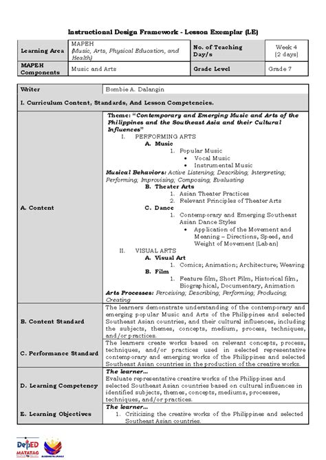 Le Music Arts 7 Week4 V2 Matatag Curriculum Instructional Design Framework Lesson Exemplar