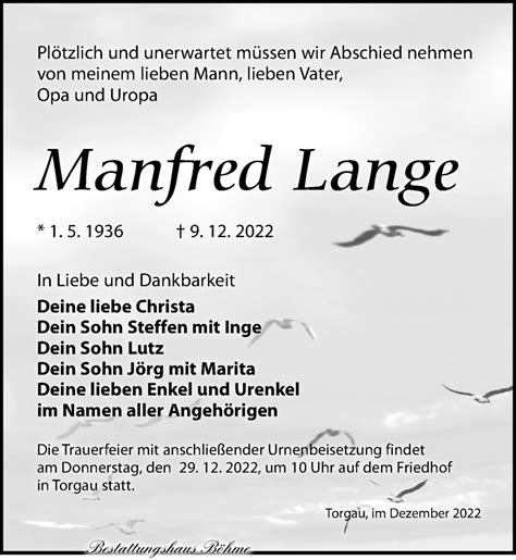 Traueranzeigen Von Manfred Lange Trauer Anzeigende