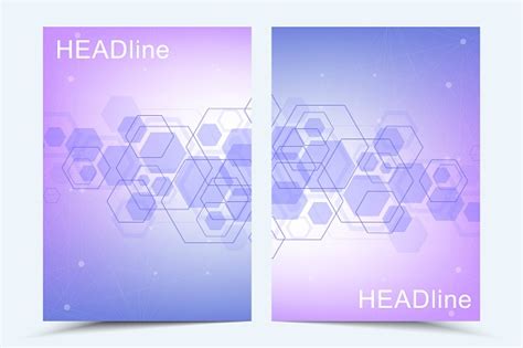 브로셔 커버 배너 전단지 연례 보고서 및 전단지에 대 한 최신 벡터 템플릿입니다 육각 분자 구조 과학 스타일의 미래 지향적 인