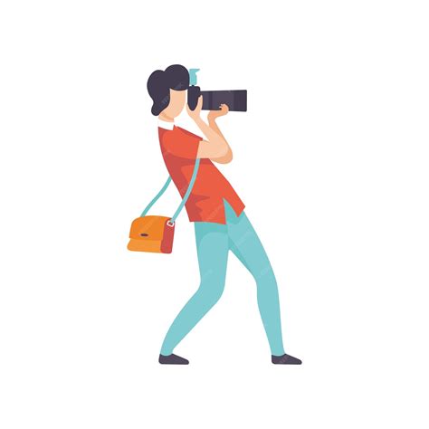 현대 디지털 카메라 카메라맨 캐릭터 제작으로 사진을 찍는 남성 전문 사진작가 프리미엄 벡터