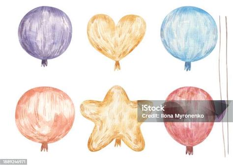풍선 세트 라운드 하트 모양 별 귀여운 수채화 어린이 그림 개체 그룹에 대한 스톡 벡터 아트 및 기타 이미지 개체 그룹 공기 주입 공단 Istock