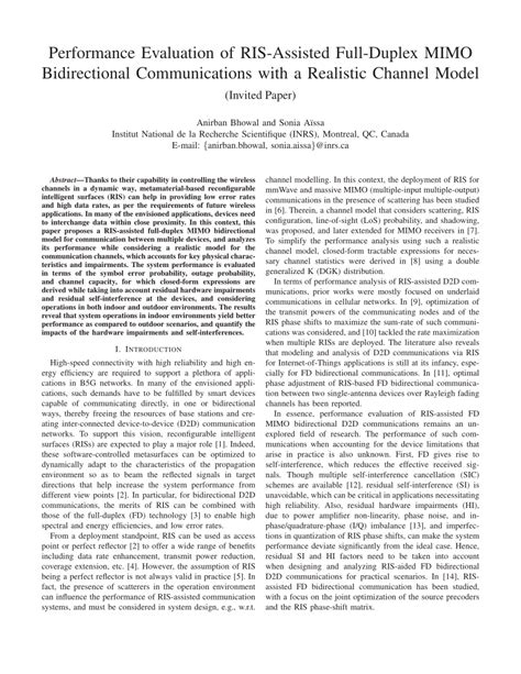 Pdf Performance Evaluation Of Ris Assisted Full Duplex Mimo Bidirectional Communications With