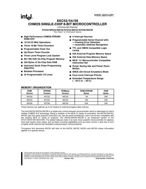8xc52 54 58 Chmos Single Chip 8 Bit Microcontroller