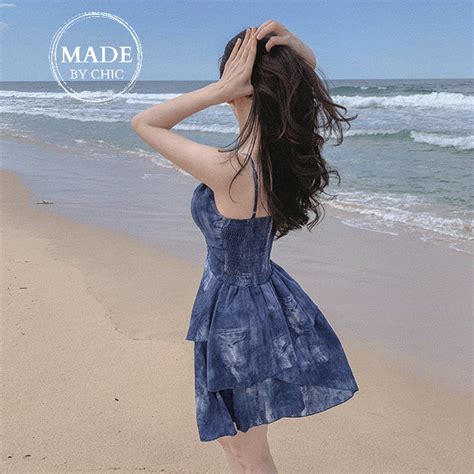[자체제작ෆ] 발리 물나염 언발 프릴 끈나시 미니원피스 휴가룩 흠뻑쇼 워터밤 에이블리