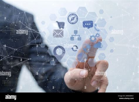 A Businessmans Hand Tapping A Digital Floating Render Of A Network Of