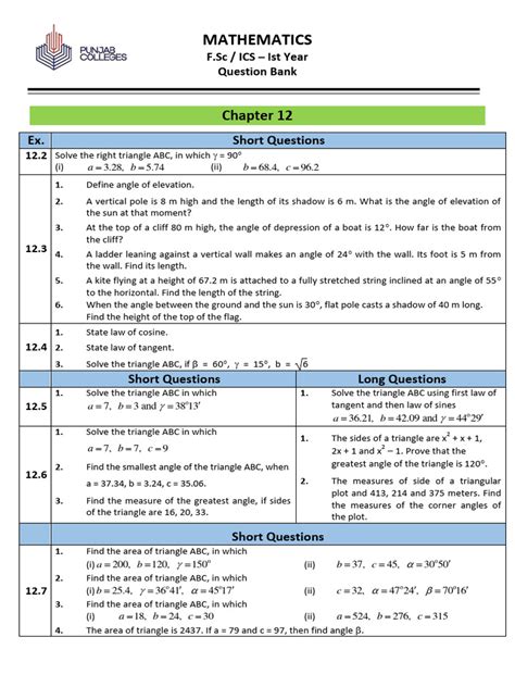 Chap 12 1st Year Important Pdf Triangle Trigonometric Functions