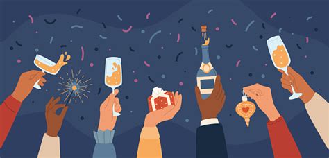 손은 피부색이 다르고 샴페인 와인 폭죽 선물 상자 크리스마스 장난감 잔을 들고 있습니다 새해와 크리스마스 파티에 사람들 휴일을