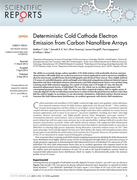 Pdf Deterministic Cold Cathode Electron Emission From Carbon Nanofibre Arrays