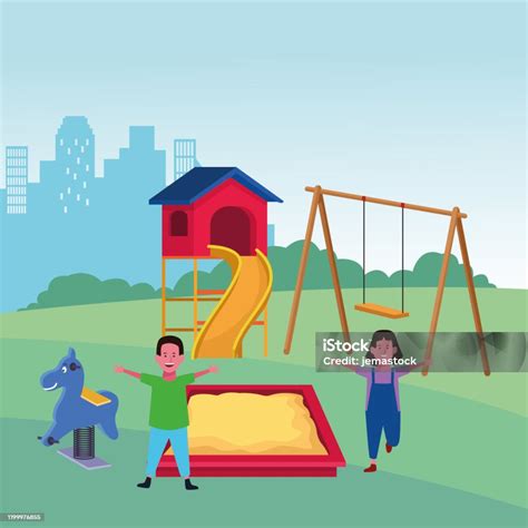 키즈 존 행복한 소년과 소녀 Swign 슬라이드 샌드 박스 봄 말 도시 놀이터 공원에 대한 스톡 벡터 아트 및 기타 이미지