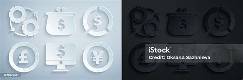 달러 기호 동전 돈 파운드 스털링 엔 지갑 및 기어와 화살표가 있는 컴퓨터 모니터를 워크플로 프로세스 개념 아이콘으로 설정합니다 벡터 0명에 대한 스톡 벡터 아트 및 기타