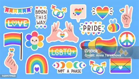 파란색 배경에 Lgbt 스티커 팩 Lgbtq 세트 Lgbt 프라이드 커뮤니티의 상징 Lgbt 자존심 또는 무지개 요소의 집합은 다양한 모양 디자인입니다 Lgbt 깃발 또는