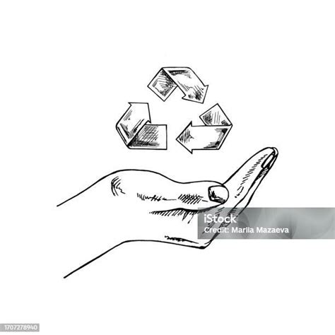 손으로 그린 흑백 스케치는 빈 손에 재활용 기호를 그린다 에코 생태 관리 자연 보호 낙서 벡터 그림입니다 포도 수확 개념에 대한