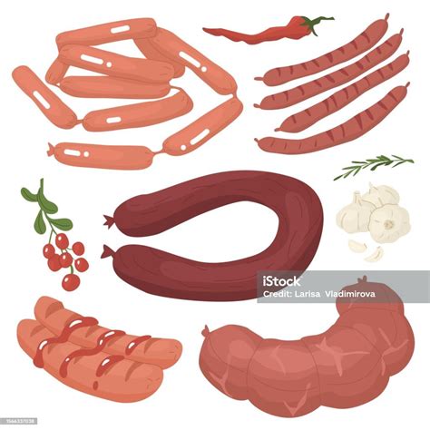 소시지와 야채 세트입니다 육류 제품 닭고기 돼지고기 쇠고기 소시지 통째로 얇게 썬 구색 농장과 식품 시장에 대한 개념입니다 흰색 배경에 분리된 벡터 그림입니다 가금류에 대한