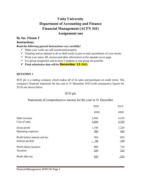Assignment One 2023 Mekdi Unity University Department Of Accounting And Finance Financial