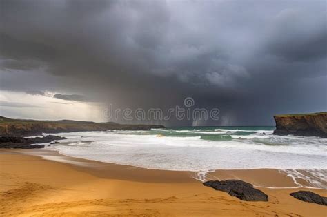 Golden Beach With View Of Crashing Waves And Stormy Skies Stock Illustration Illustration Of