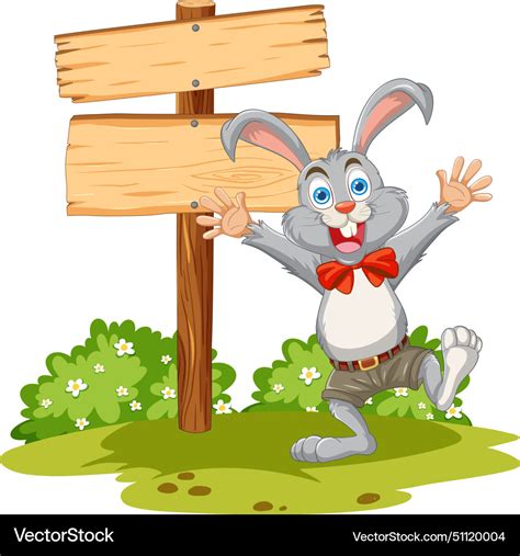 Happy Cartoon Rabbit Standing By A Signpost Vector Image