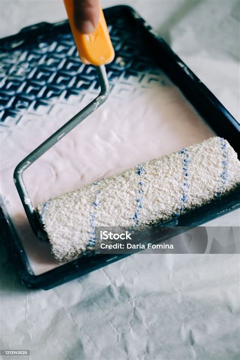 롤러는 페인트로 벽을 칠하기 전에 플라스틱 검은 색 용기에 액체 프라이머에 적시다 가리기에 대한 스톡 사진 및 기타 이미지