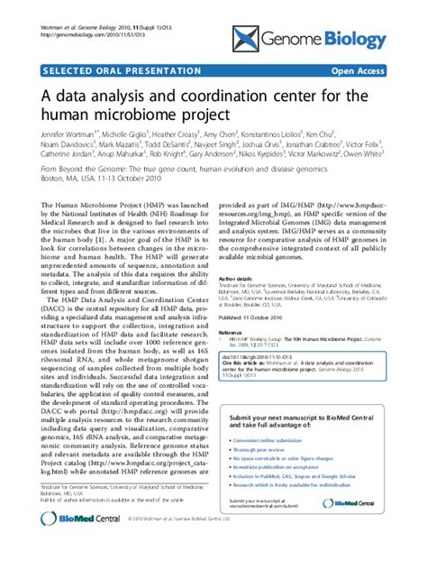 Pdf A Data Analysis And Coordination Center For The Human Microbiome Project Noam Davidovics
