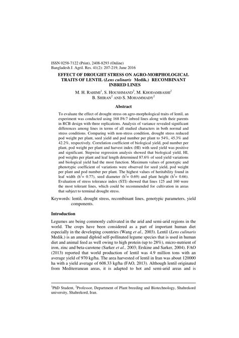 Pdf Effect Of Drought Stress On Agro Morphological Traits Of Lentil